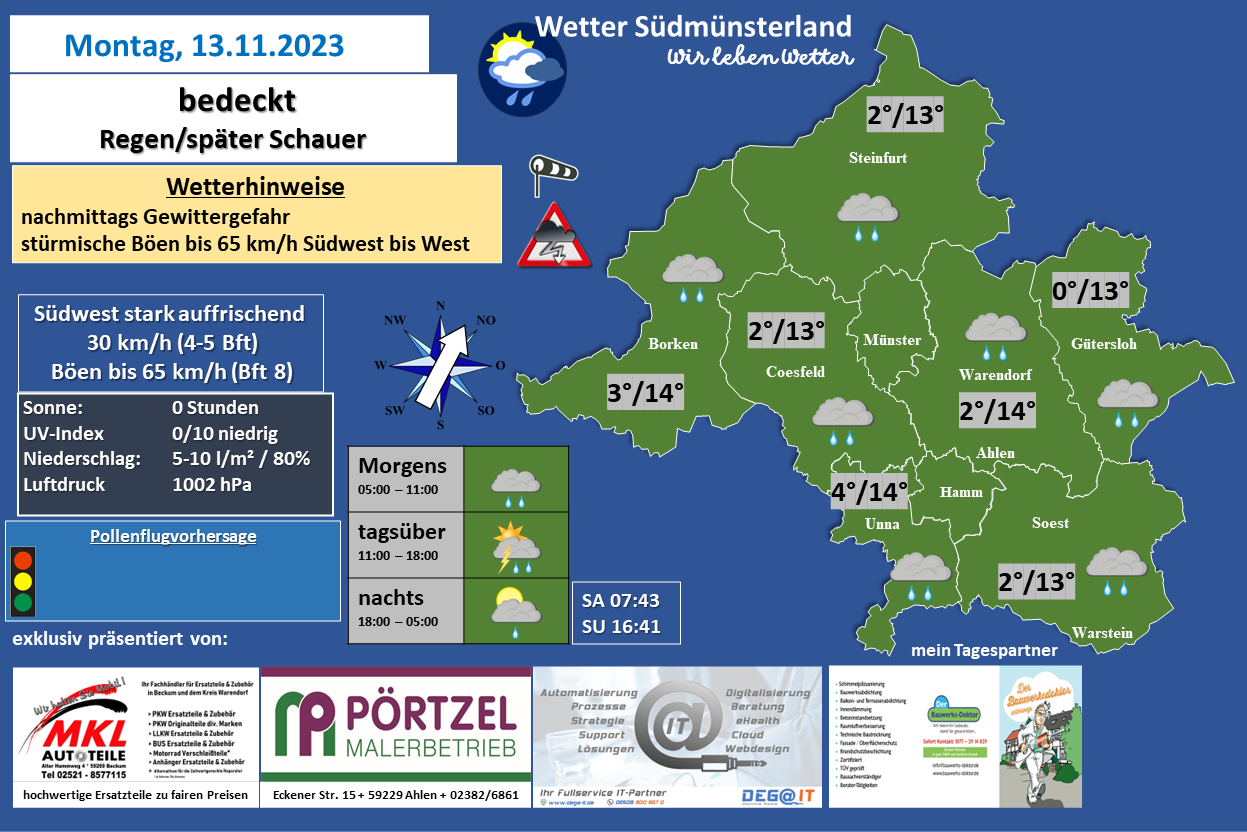 Der Wetterbericht für Montag, 13.11.2023